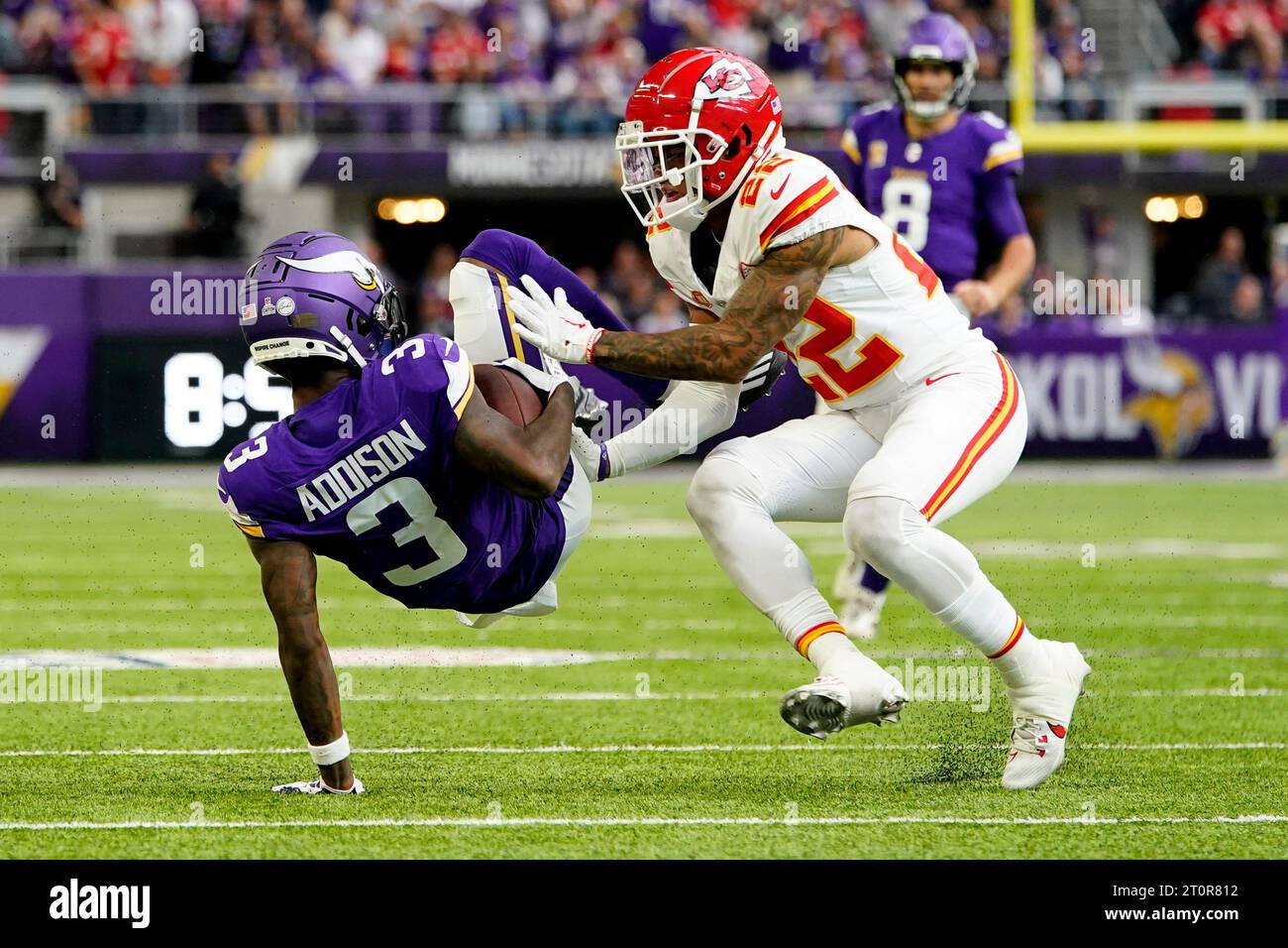 Minnesota Vikings wide receiver Jordan Addison (3) is tackled by Kansas ...