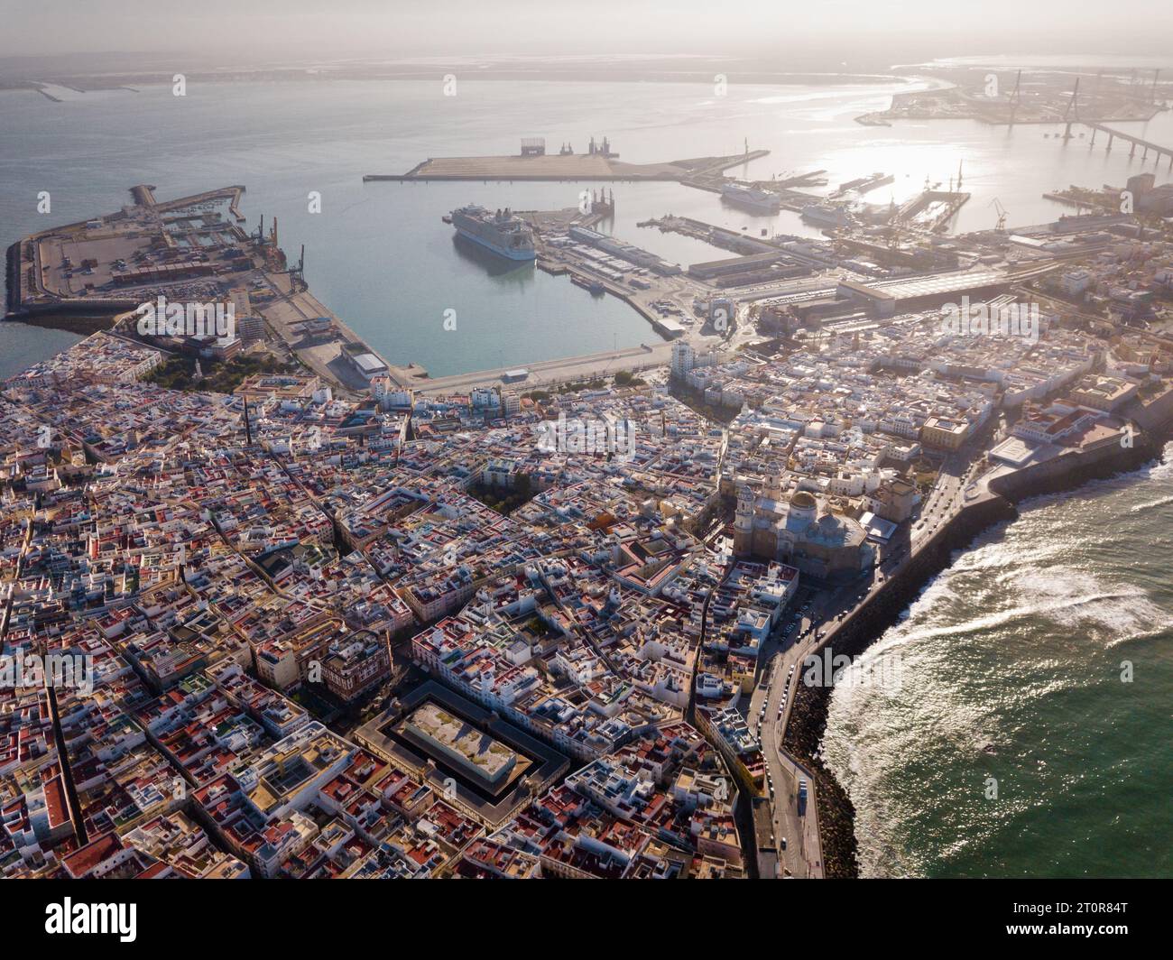 Aerial view of old town Cadiz with port and buildings at seashore Stock ...