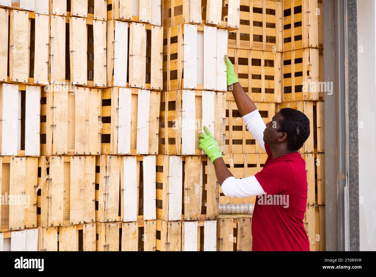 African american man stacking wooden crates Stock Photo - Alamy