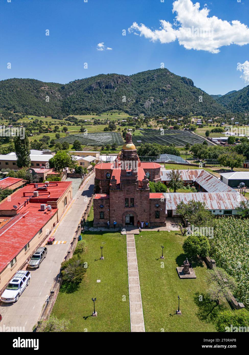 The panoramic view of Cerocahui's town center in the Sierra Tarahumara ...