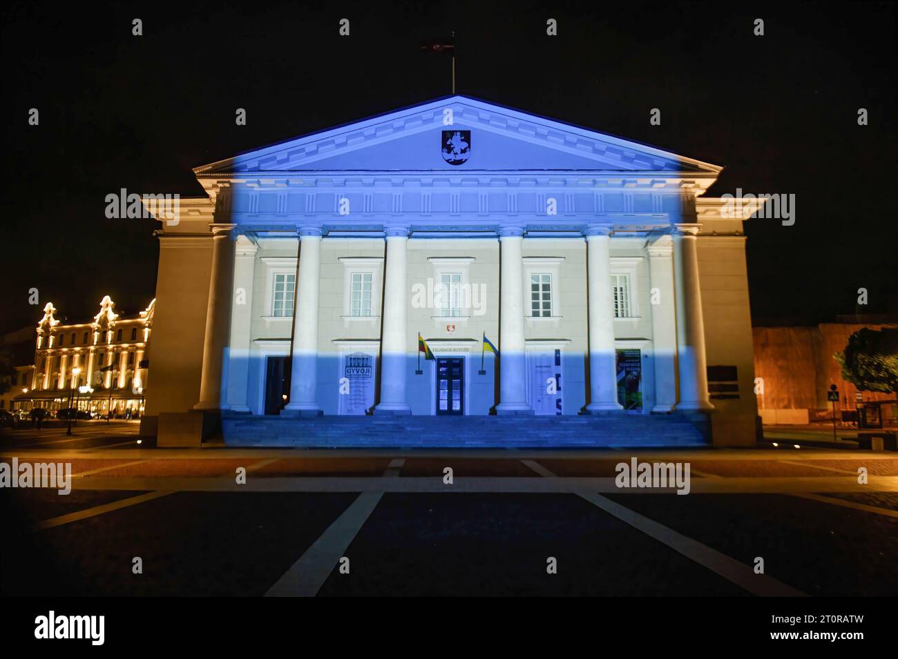Vilnius, Lithuania. 8th Oct, 2023. Vilnius city hall is illuminated in ...