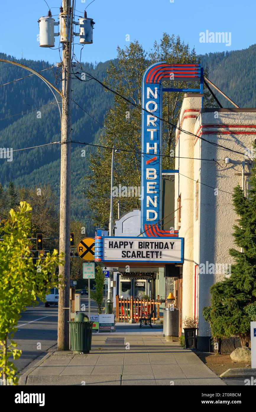 North Bend, WA, USA - October 8, 2023; Sidewalk view of classic North ...