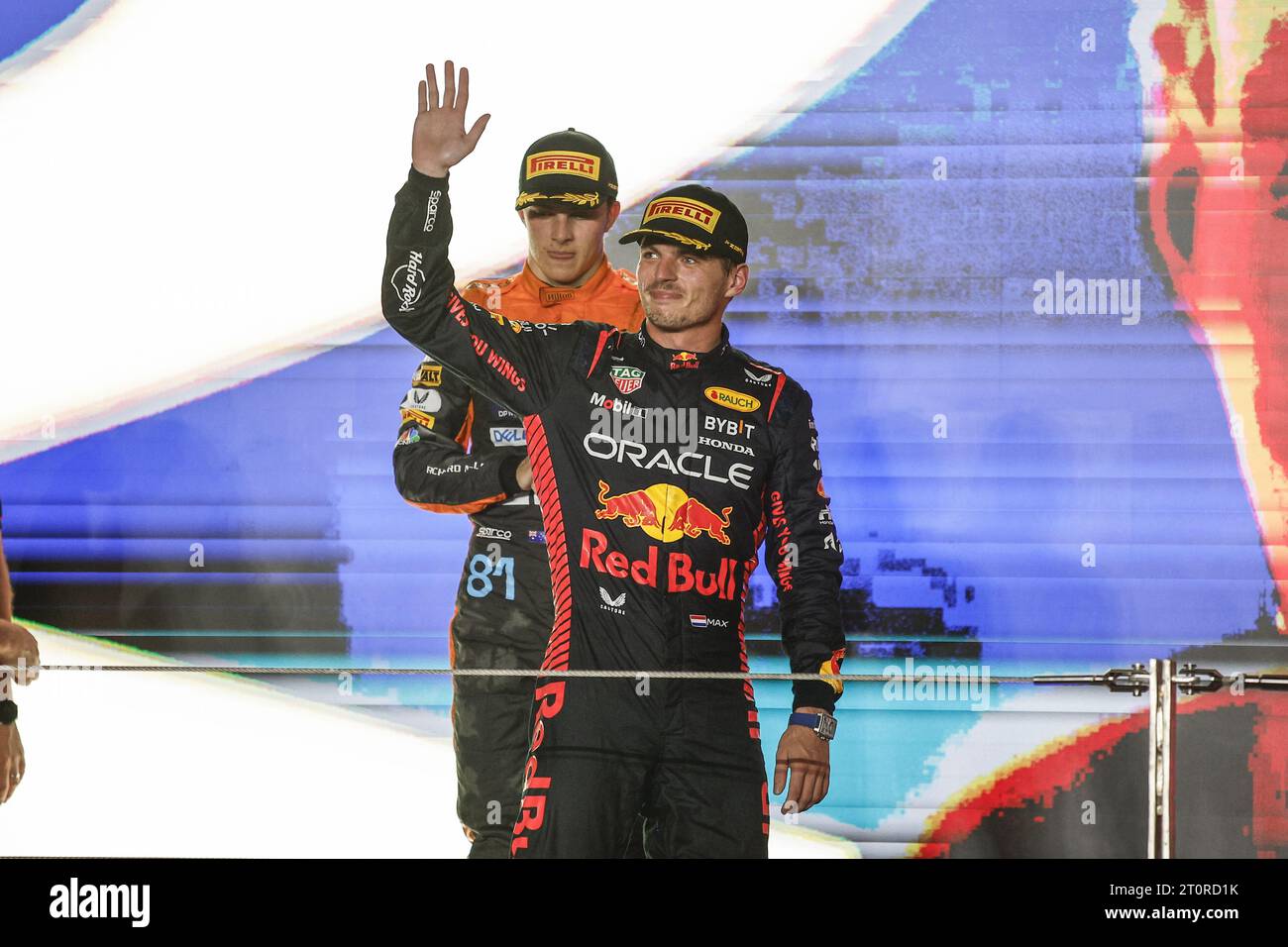 VERSTAPPEN Max (ned), Red Bull Racing RB19, portrait podium during the 2023 Formula 1 Qatar ...