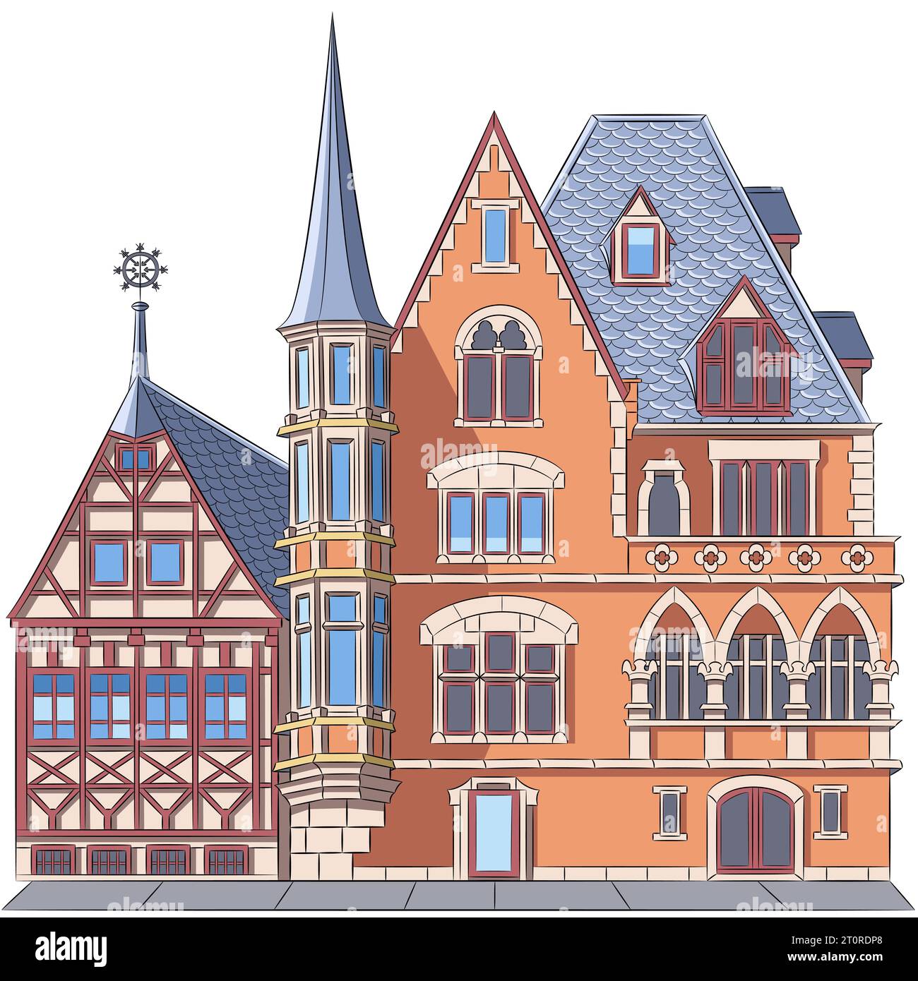 Color drawing of an old traditional old half-timbered and stone German ...