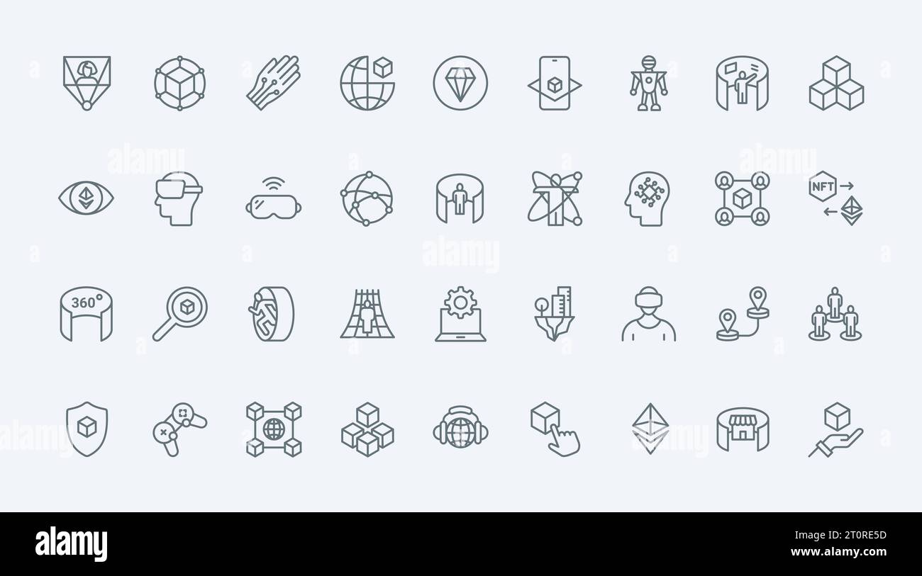 Metaverse thin line icons set vector illustration. Outline pictograms of VR glasses for virtual ...