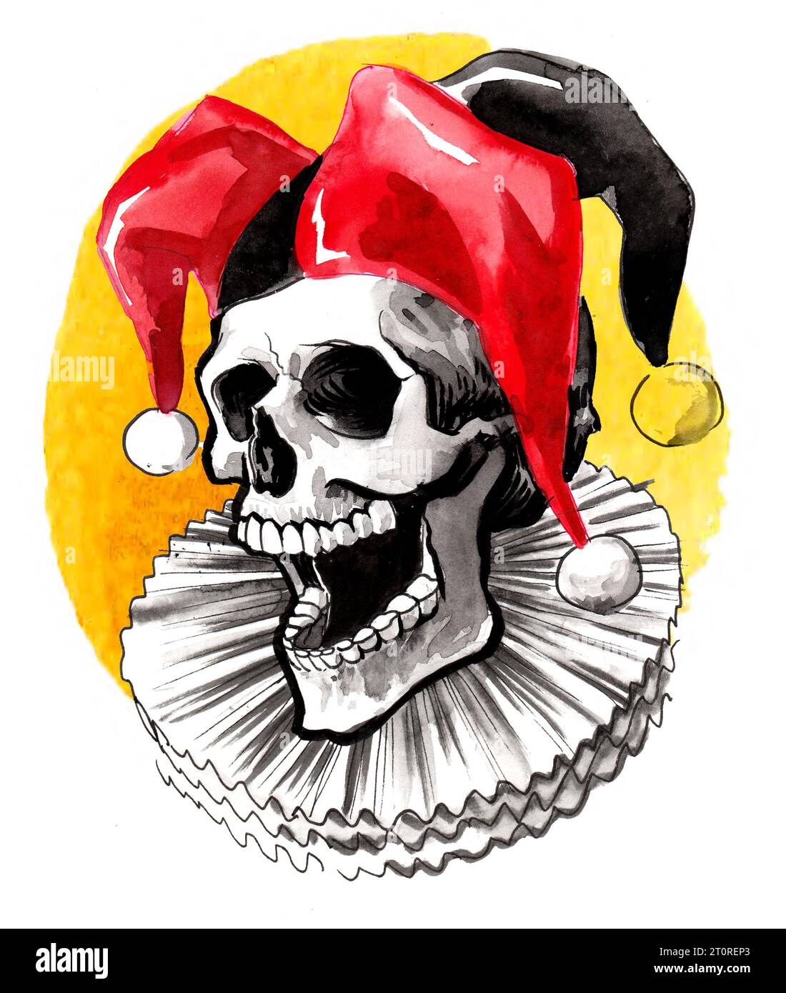 Jester skull in hat. Hand-drawn ink and watercolor drawing Stock Photo ...