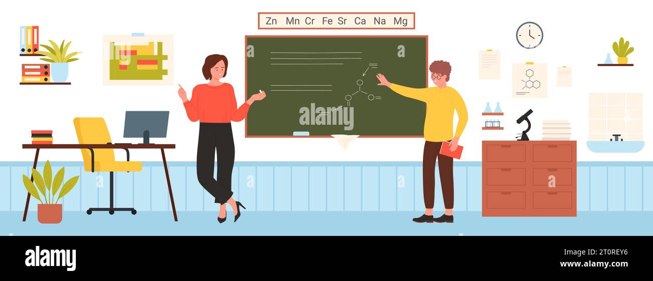Chemistry class with teacher and student at school or university board ...