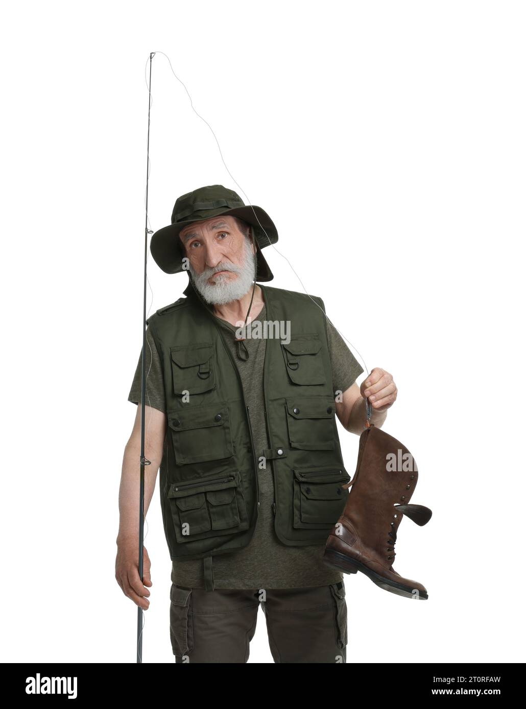 Fisherman with rod and old boot isolated on white Stock Photo - Alamy