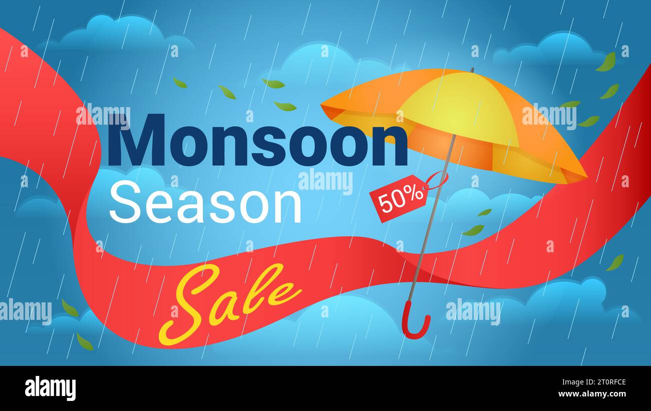 Monsoon sales, seasonal promotion banner vector illustration. Cartoon ...