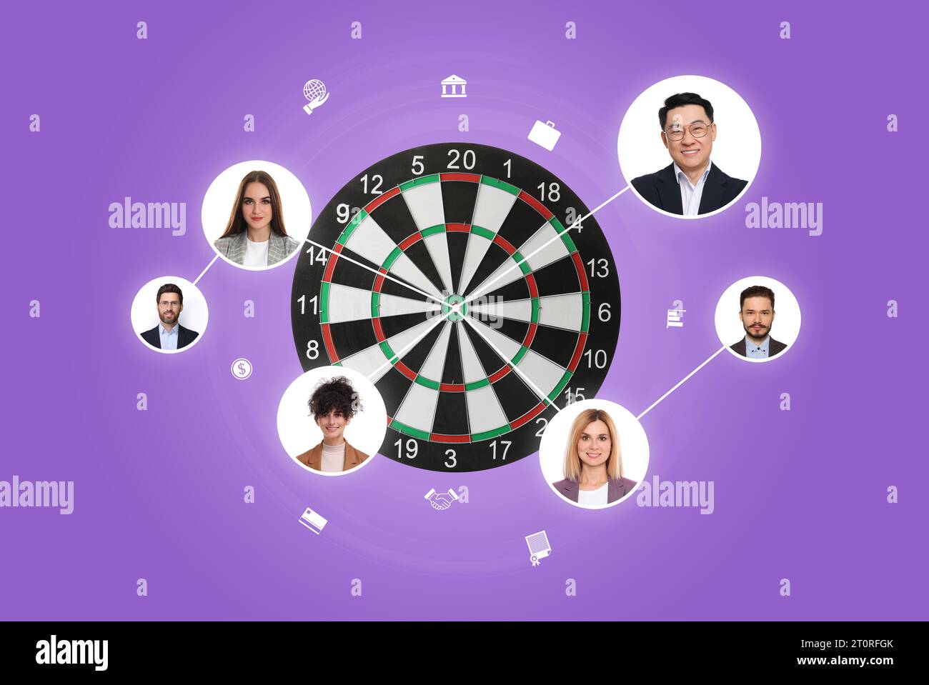 Target audience. Dartboard surrounded by photos of potential clients ...