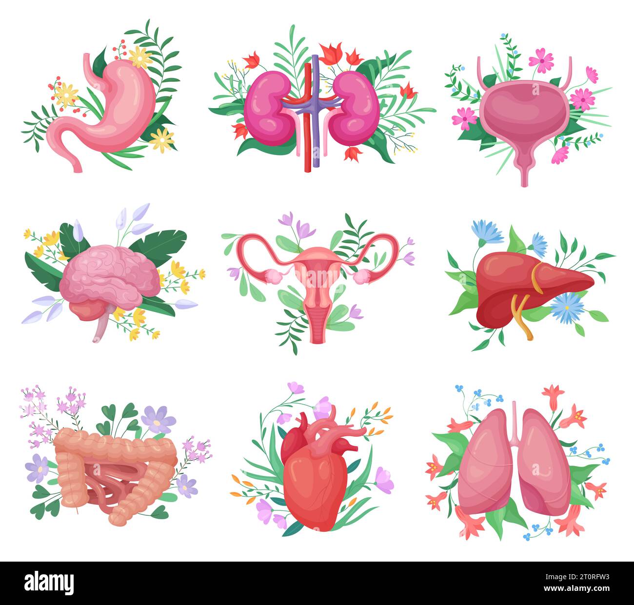 Human organs with flowers set vector illustration. Cartoon isolated ...