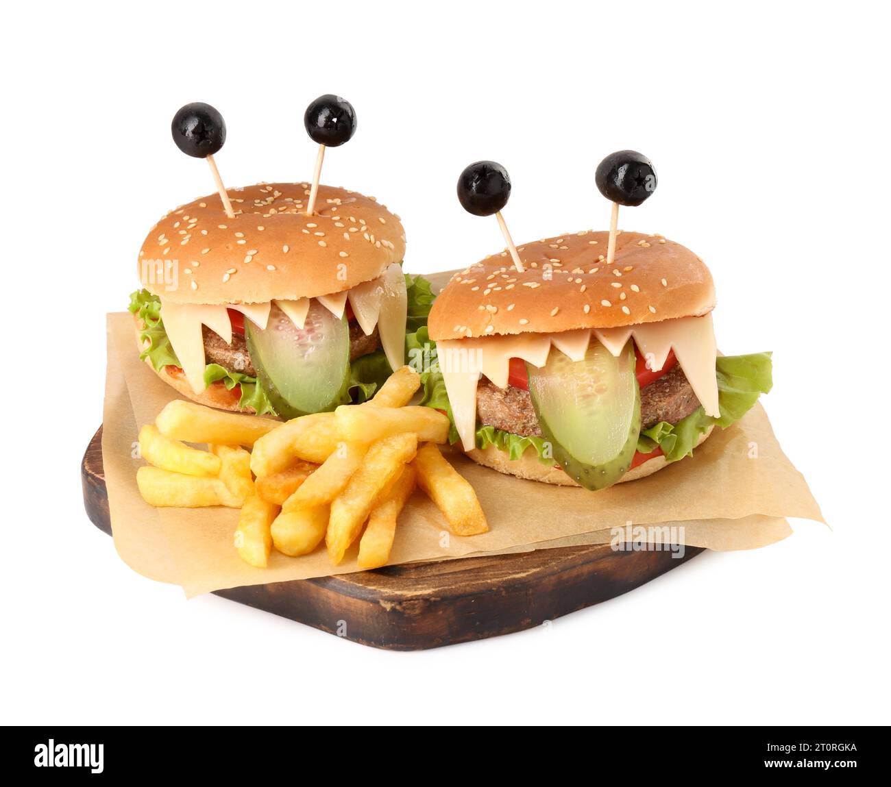 Cute monster burgers served with french fries isolated on white ...