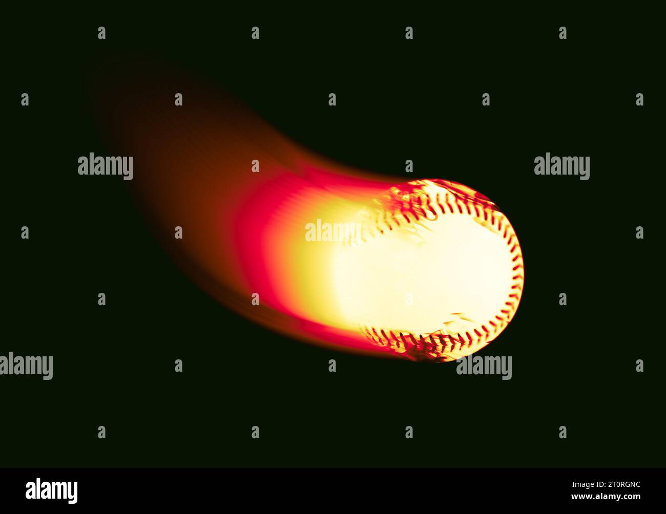 Burning baseball ball flying at high speed on black background Stock ...