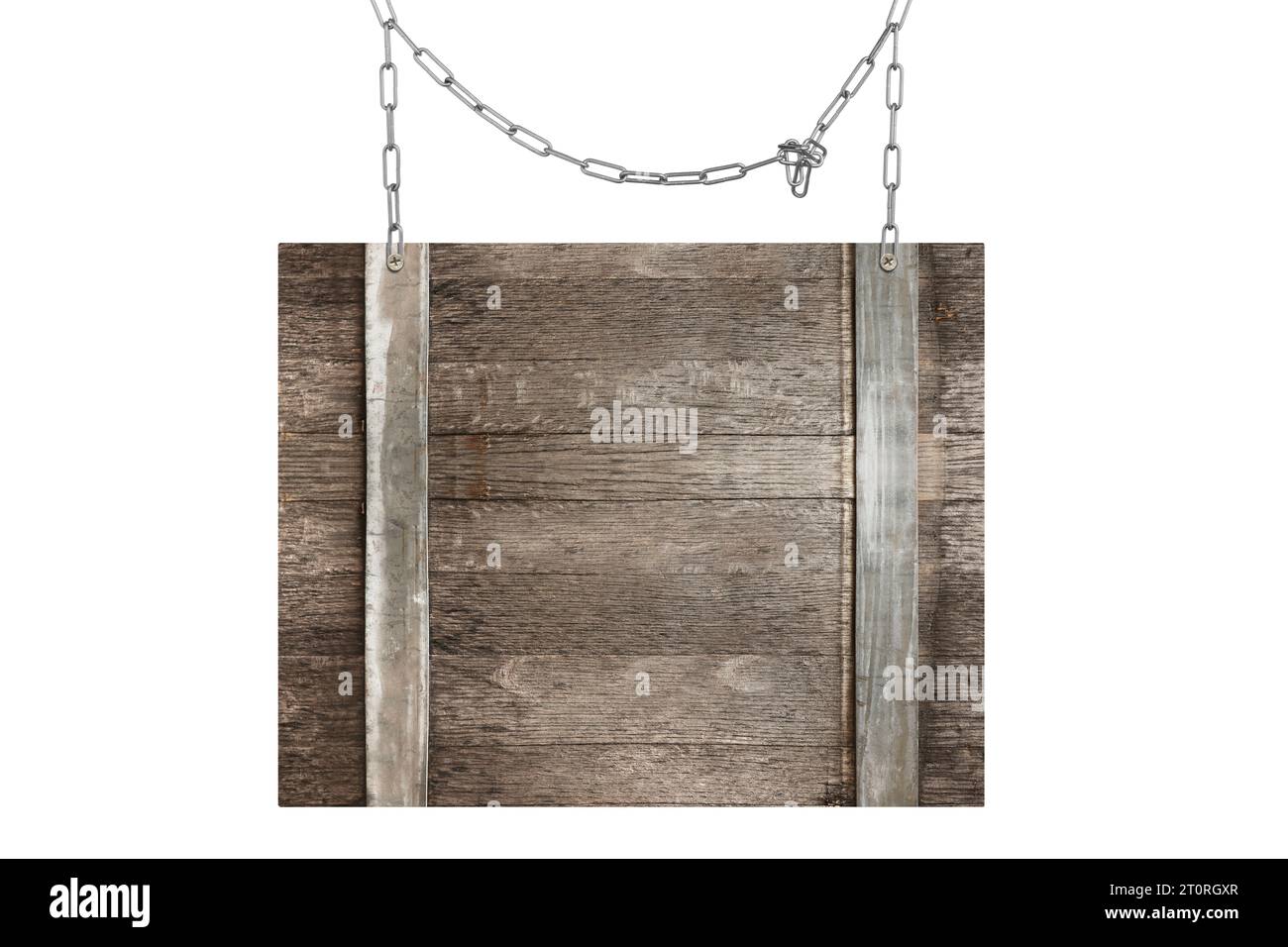 One wooden signboard hanging on metal chain against white background ...