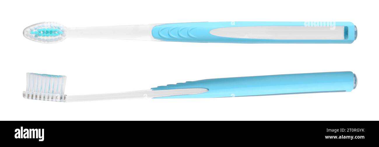 Collage with plastic toothbrush isolated on white, different sides ...