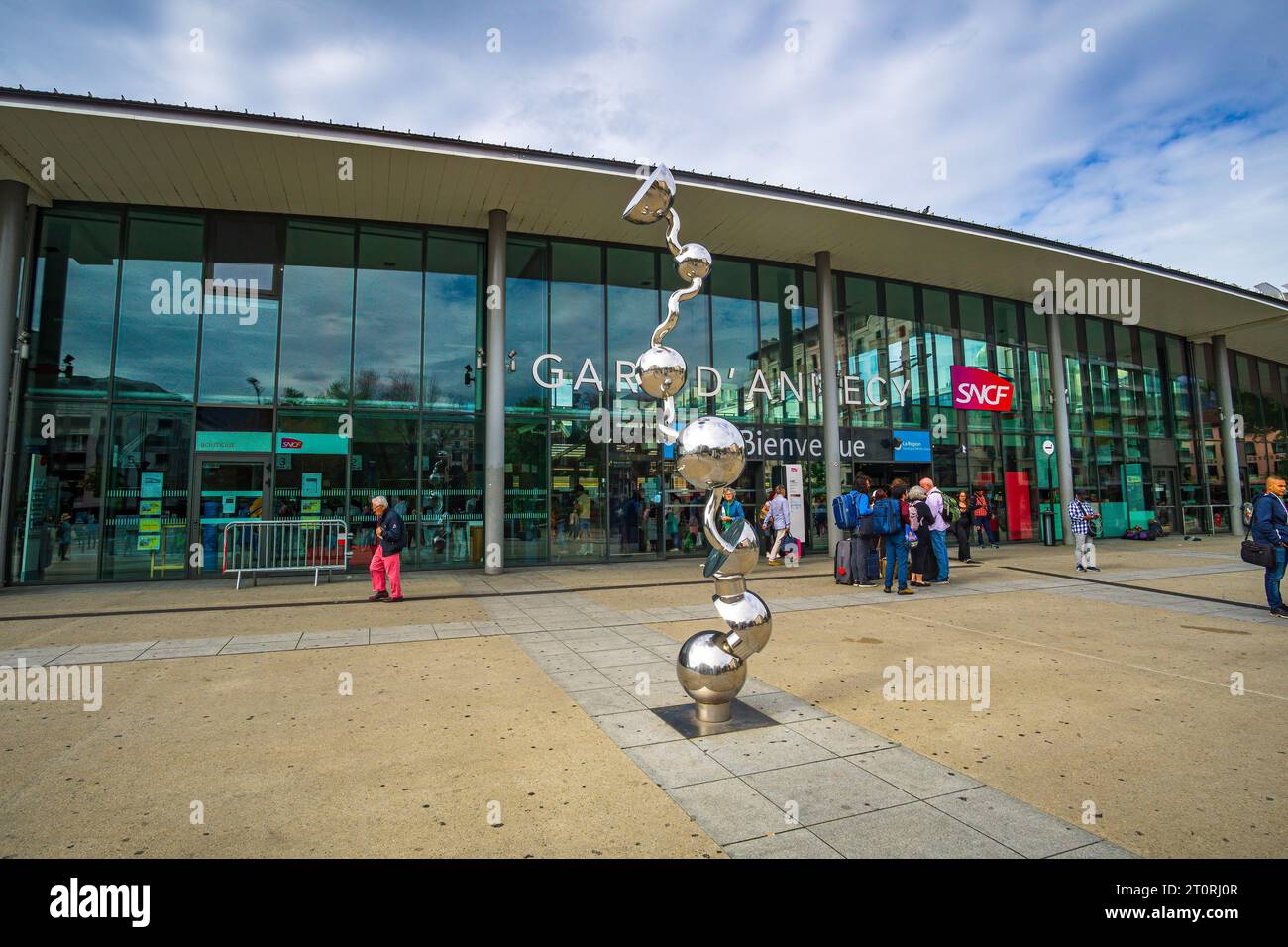 Sculpture outside SNCF Annecy train station. Urban view from Annecy ...