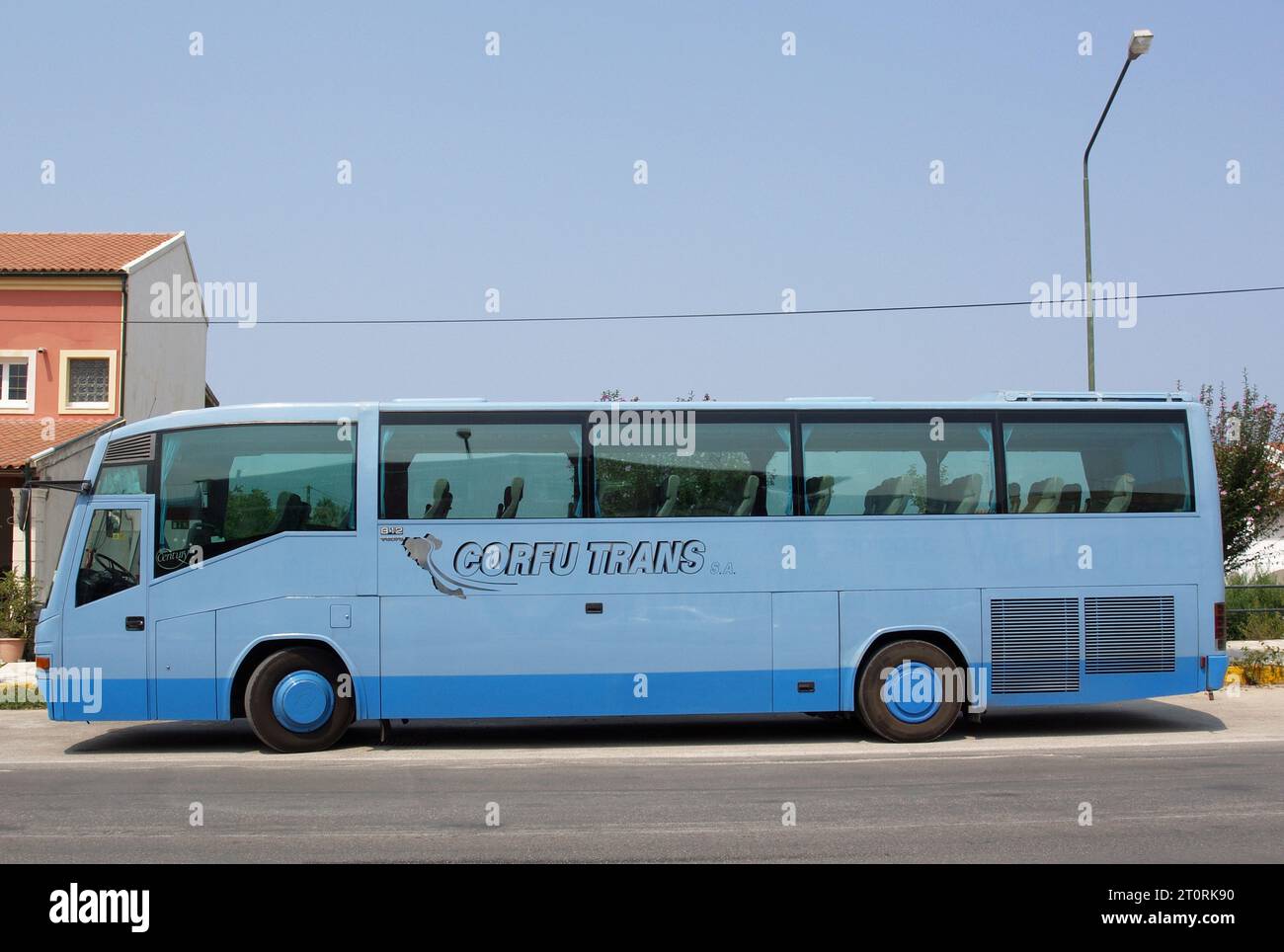 Corfu Trans coach transfer bus in Acharavi, Corfu, Greece Stock Photo ...