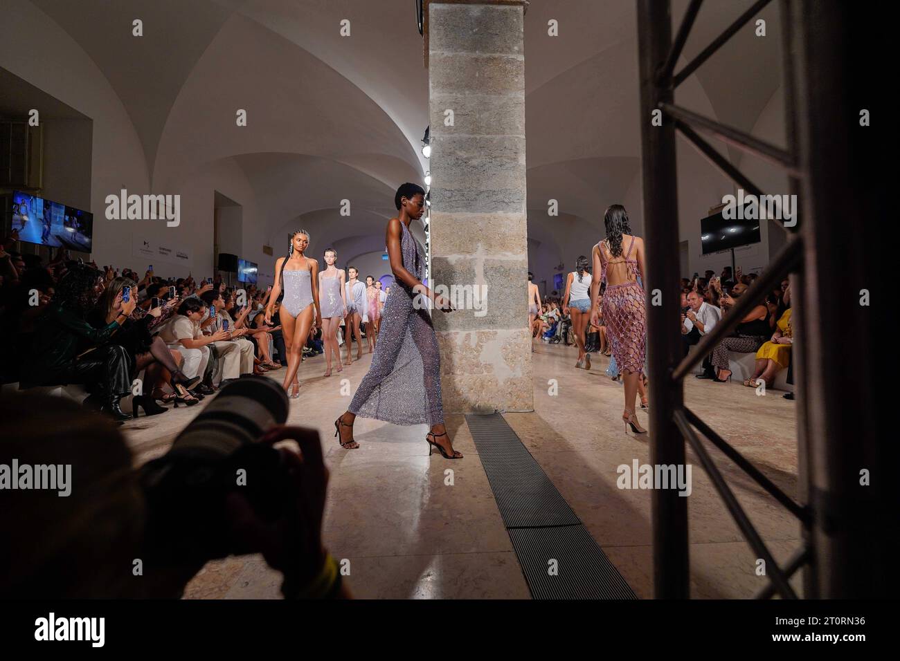 Lisbon, Portugal. 08th Oct, 2023. A model walks the runway during Goncalo Peixoto fashion show ...