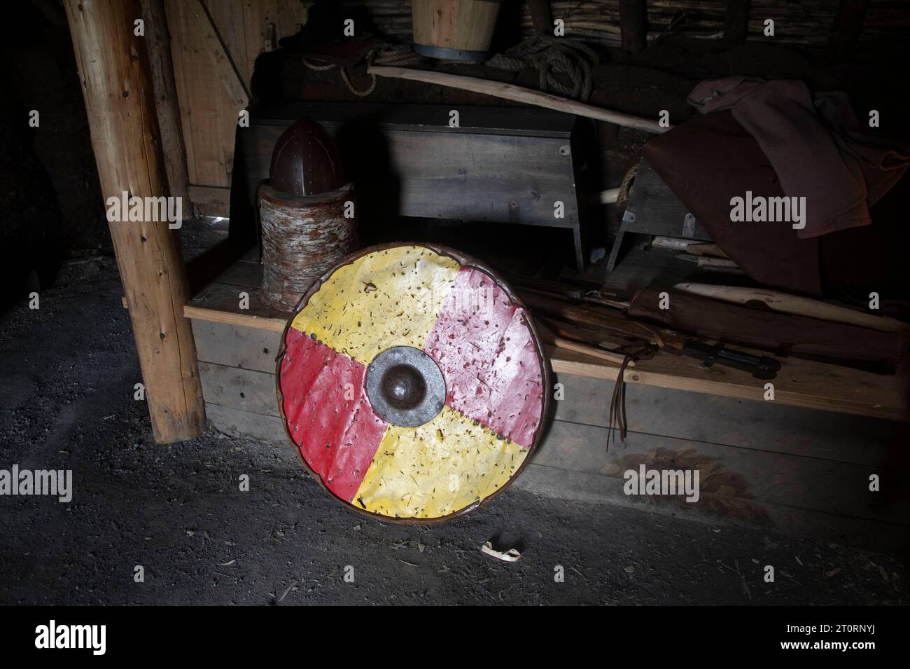 Viking shield and sword inside the longhouse at L’Anse aux Meadows in ...