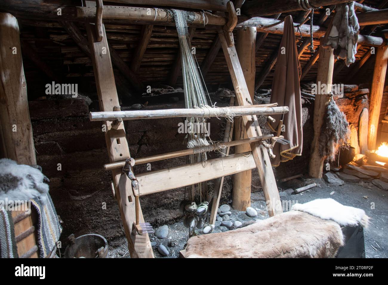 Weaving loom inside the longhouse at L’Anse aux Meadows in Newfoundland ...