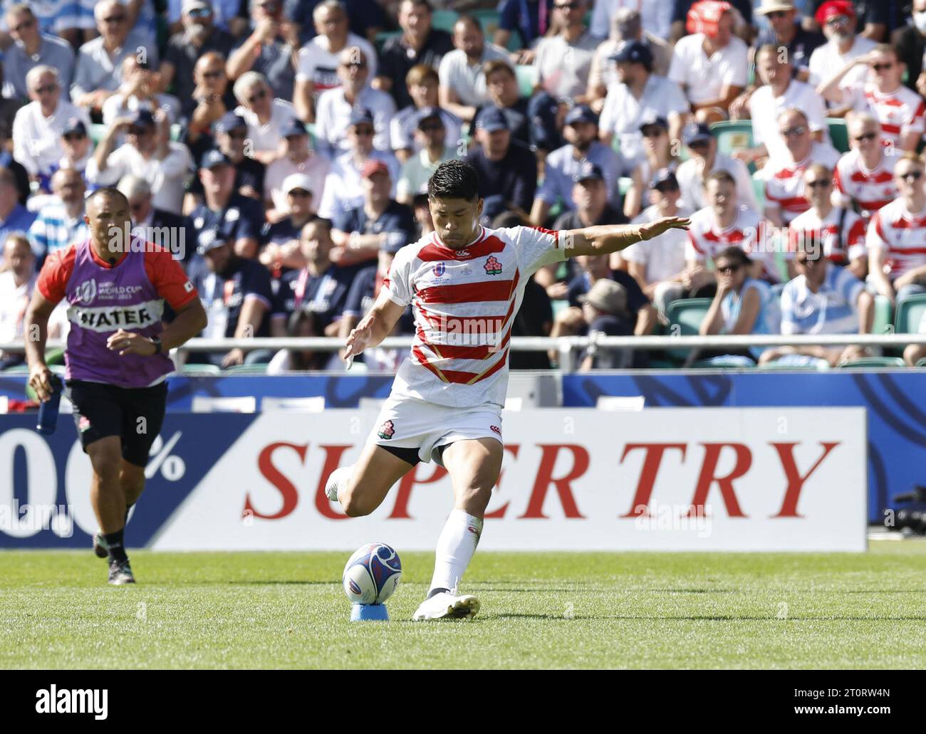 Japan's Rikiya Matsuda kicks a conversion during the first half of a ...