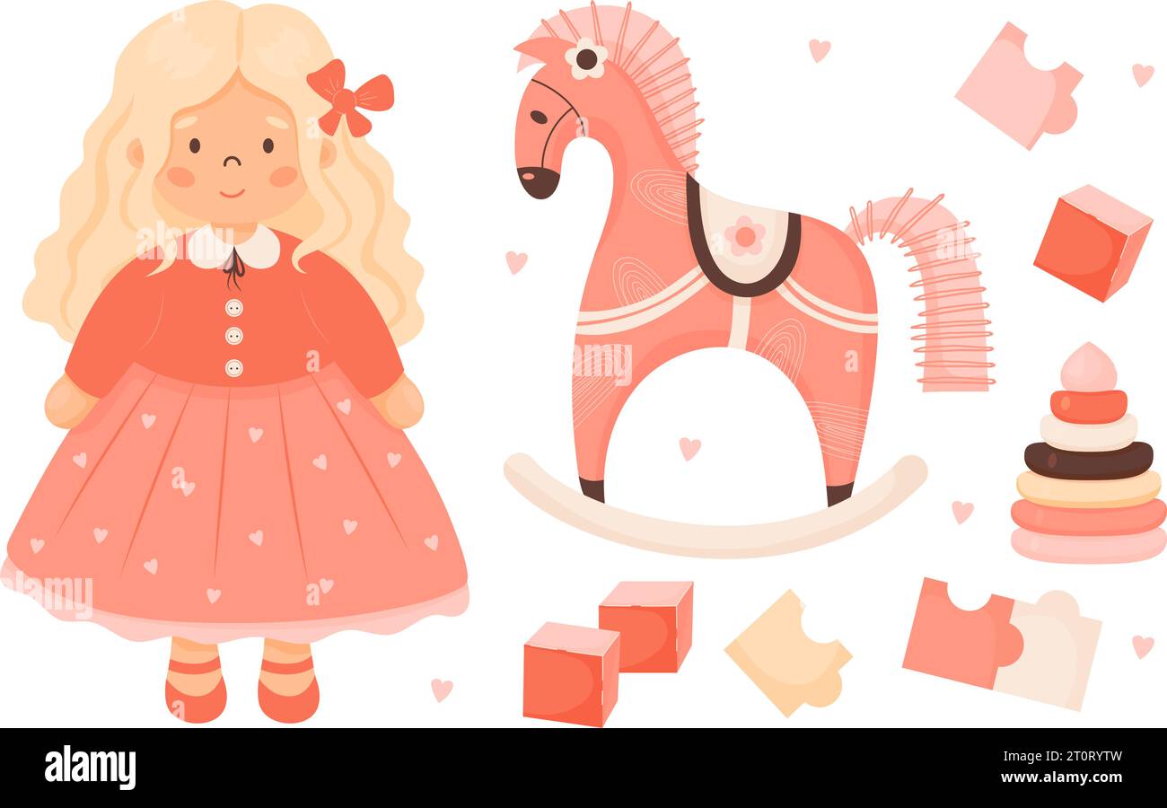 Children toys set. Cute little girl long hair in pink dress, doll toy ...