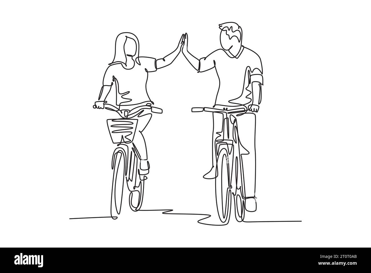Single one line drawing young happy couple riding bicycle romantically ...