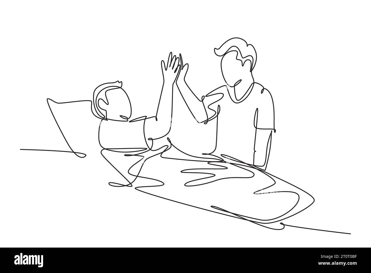 Single continuous line drawing son take care of sick father at hospital ...