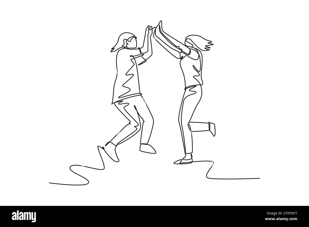 Single one line drawing two young happy women jumping and giving high five gesture to celebrate ...