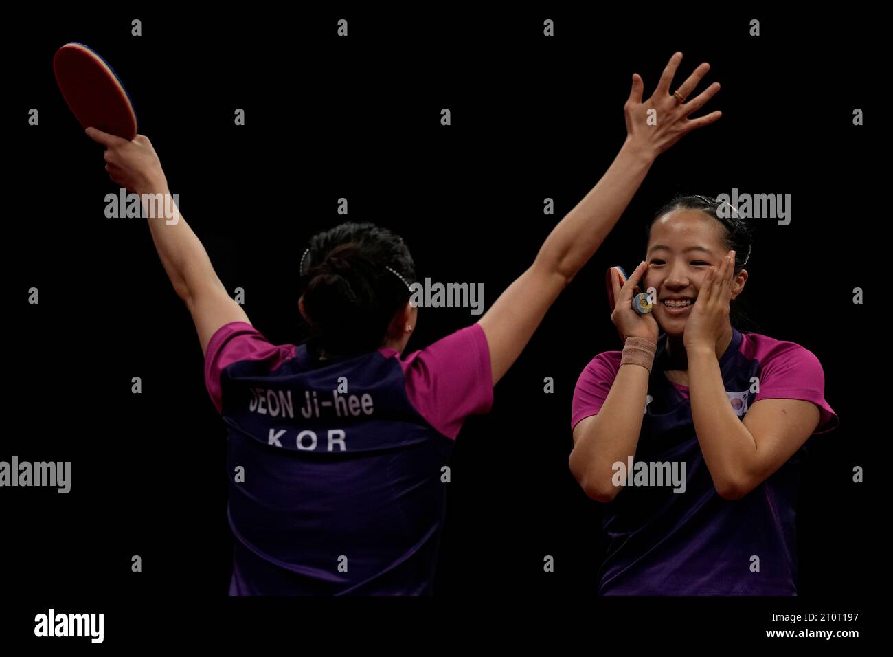 South Korea's Jeon Jihee, left and Shin Yubin celebrate after defeating ...
