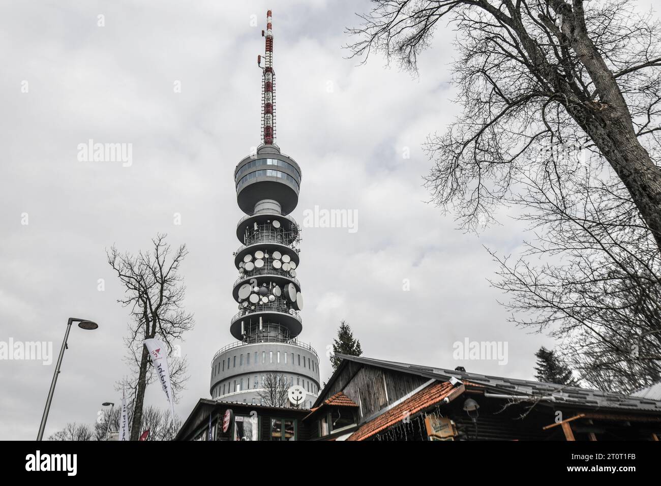 Zagreb TV Tower. Medvednica mountain (Sljeme) during winter. Zagreb ...