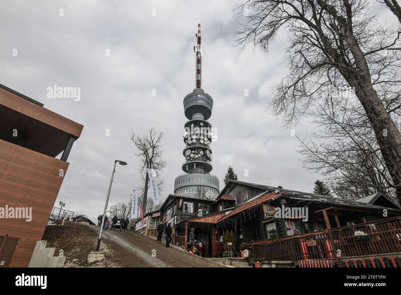 Zagreb TV Tower. Medvednica mountain (Sljeme) during winter. Zagreb ...