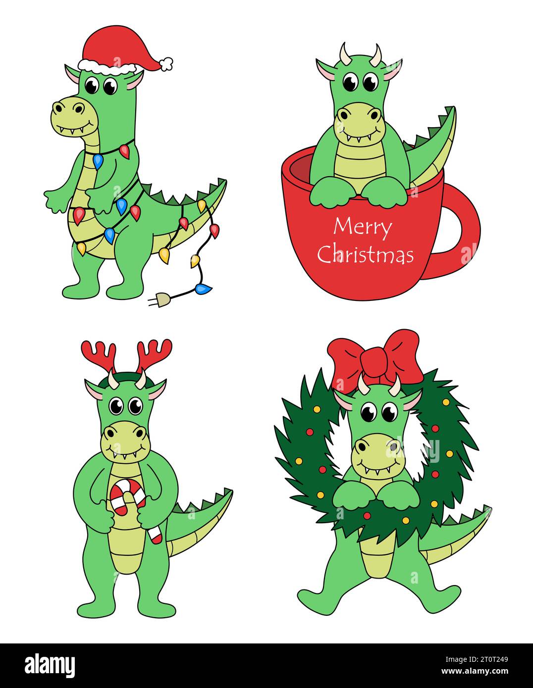 Set of cartoon Christmas and New Year Dragon characters. Cute Dragon in ...