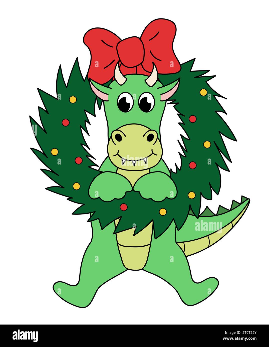Cartoon Christmas and New Year Dragon character. Cute Dragon in wreath ...