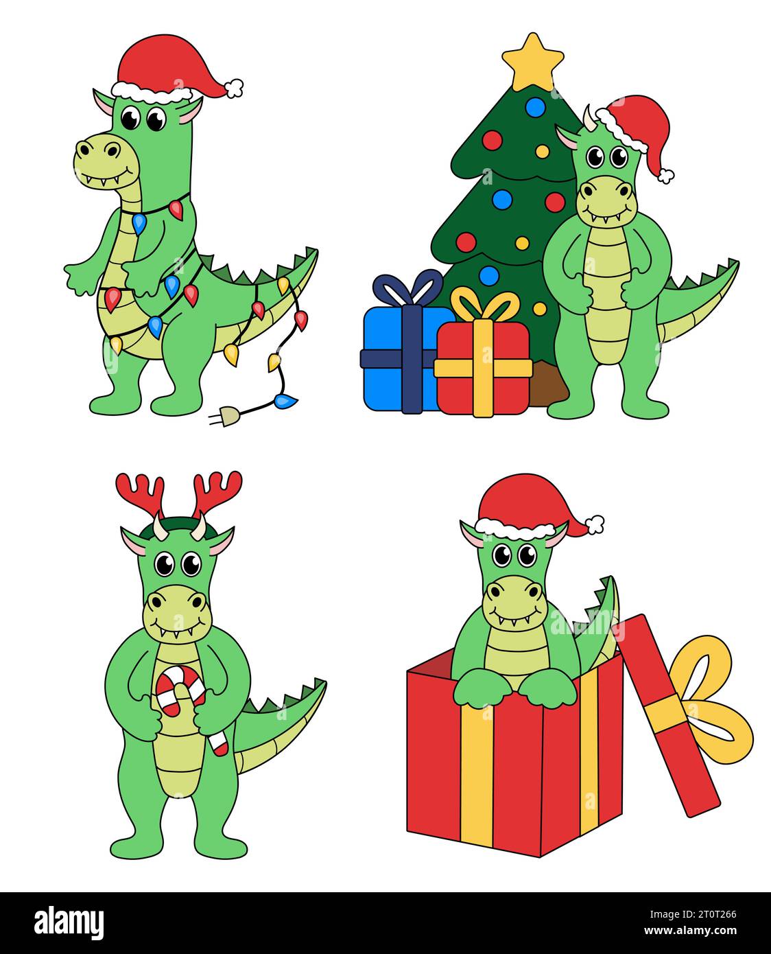 Set of cartoon Christmas and New Year Dragon characters. Cute Dragon in ...