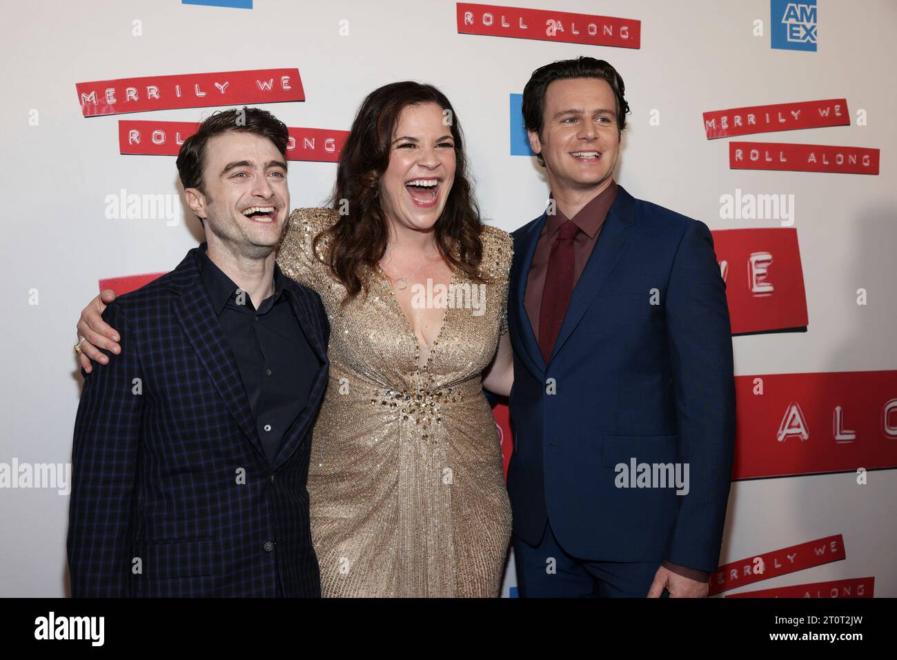 Daniel Radcliffe, left, Lindsay Mendez and Jonathan Groff attend ...