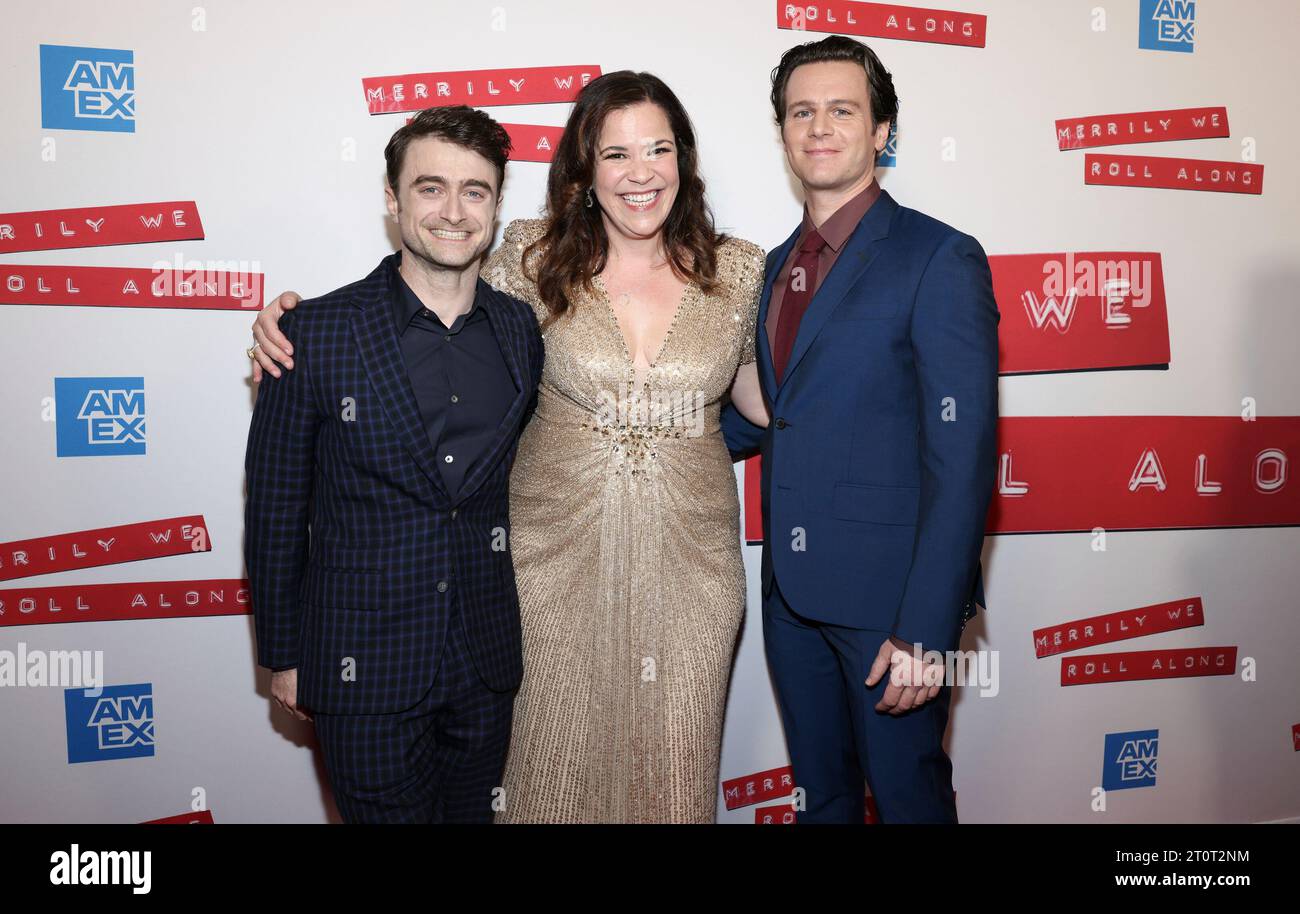 Daniel Radcliffe, left, Lindsay Mendez and Jonathan Groff attend ...