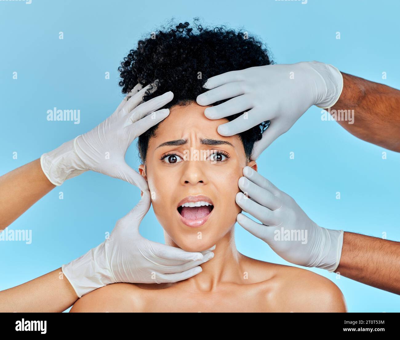 Skincare, portrait of scared woman with hands on face in studio for ...