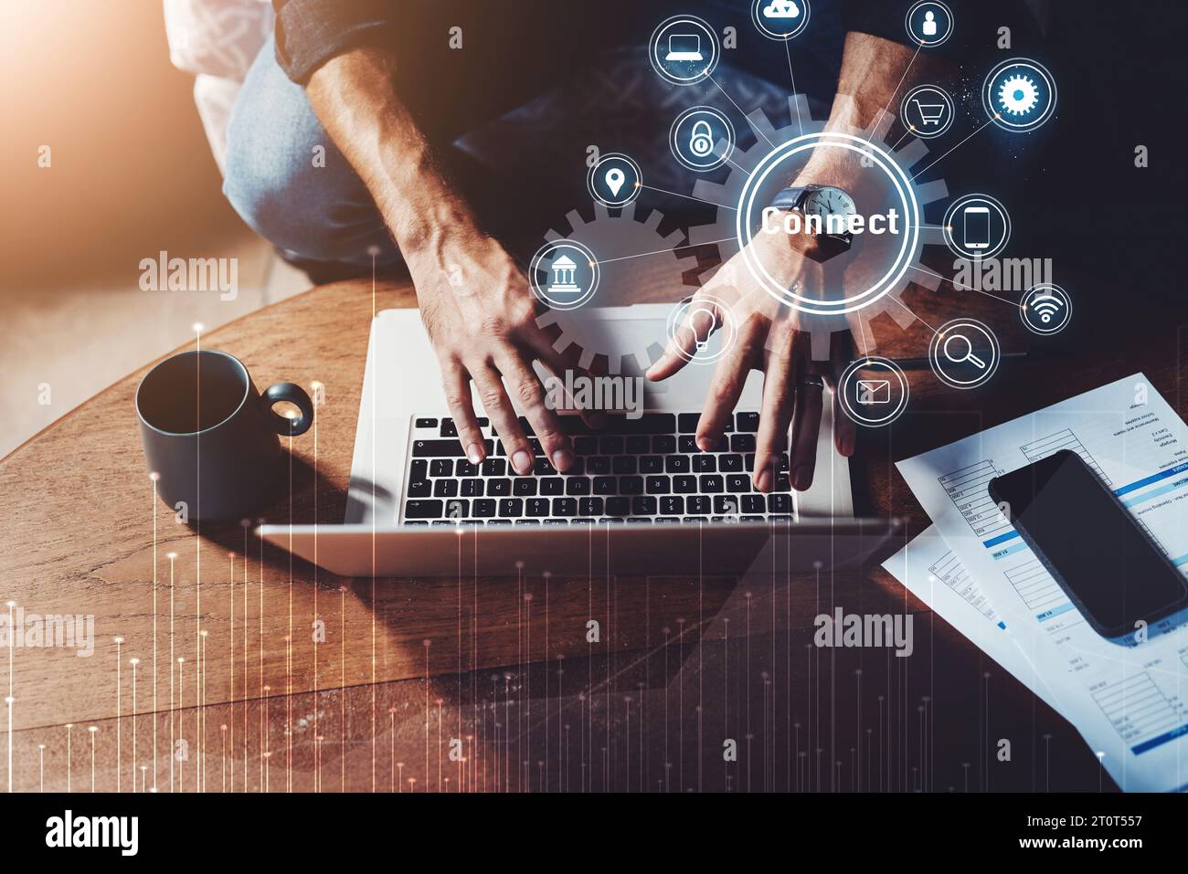 Hand typing on laptop with overlay, icon for networking and ...