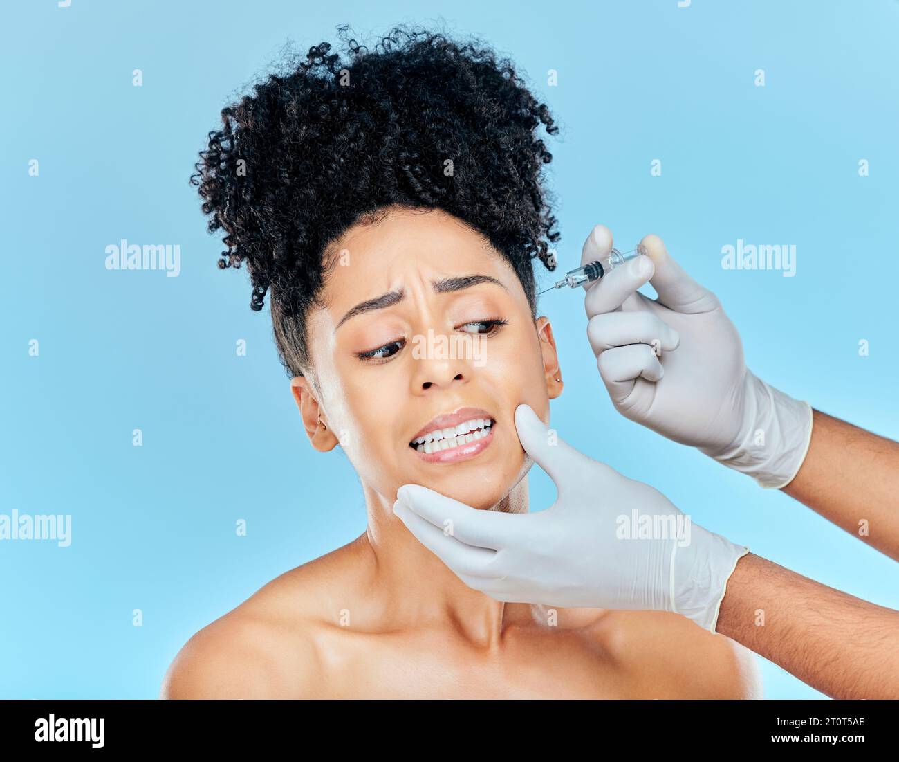 Filler, fear and woman with hands on face in studio for collagen ...