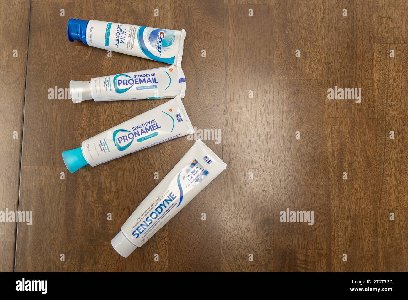 October 2 2023 - Calgary Alberta Canada -Set of Sensodyne toothpaste on ...