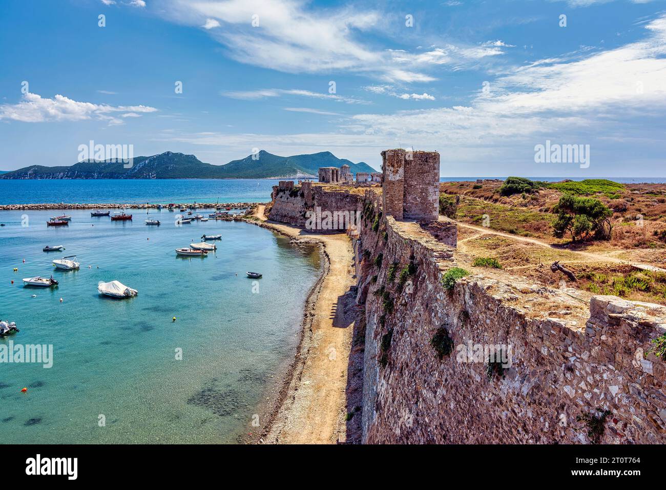 Seaside landscape with panoramic view of Methoni Castle a medieval ...