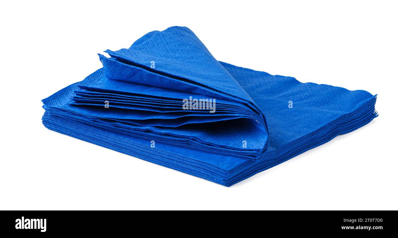 Stack of blue paper napkins on white background Stock Photo - Alamy