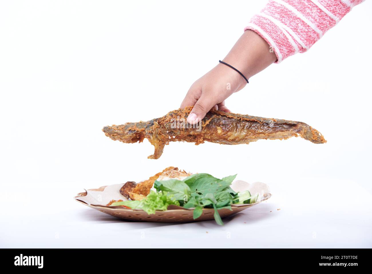Hand holding Fried Catfish with rice spicy Sauce and vegetable Stock ...