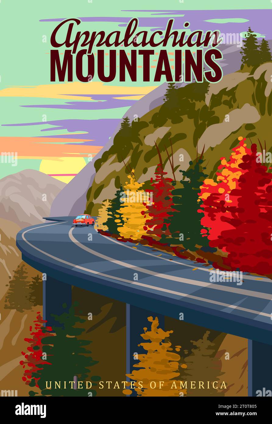 Appalachian Mountains travel vintage poster, autumn road, car ...