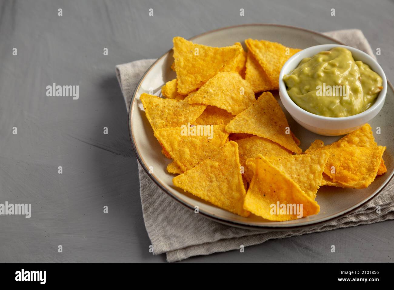 Homemade Guacamole with Tortilla Chips on a Plate, side view Stock ...