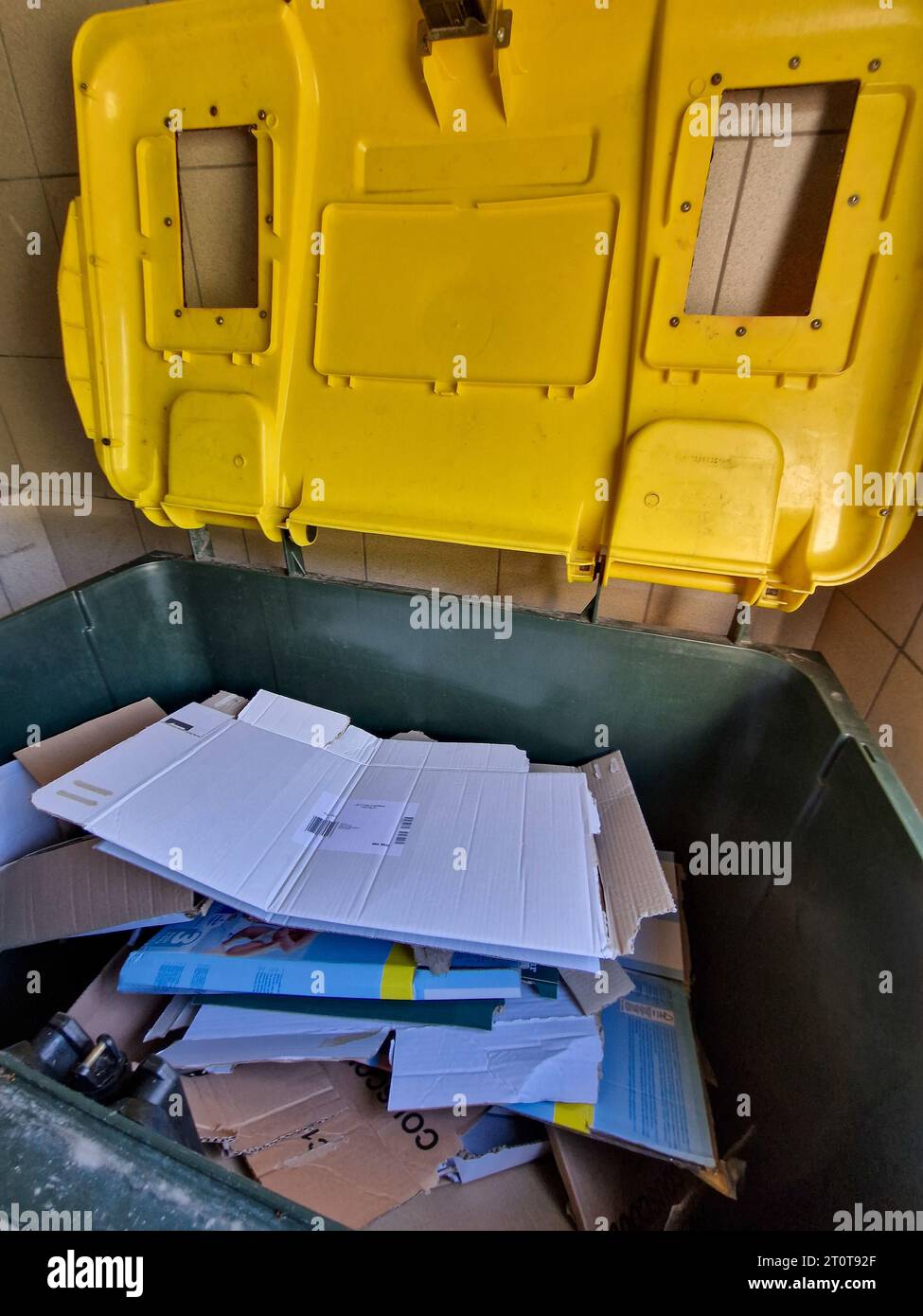 Cardboard in a recycling bin, Lyon, France Stock Photo - Alamy