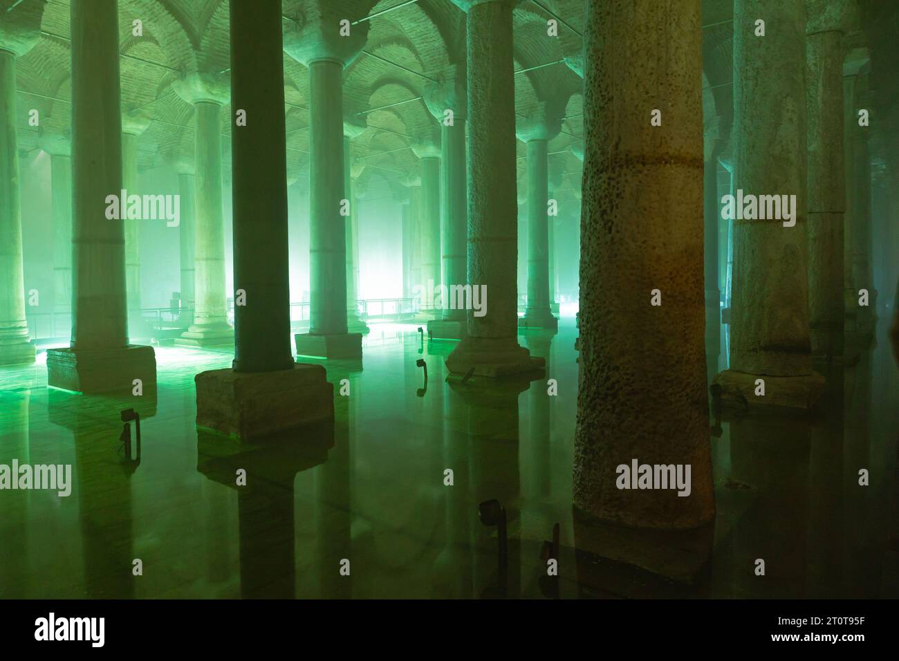 Basilica Cistern view with green lights and reflection of the columns ...
