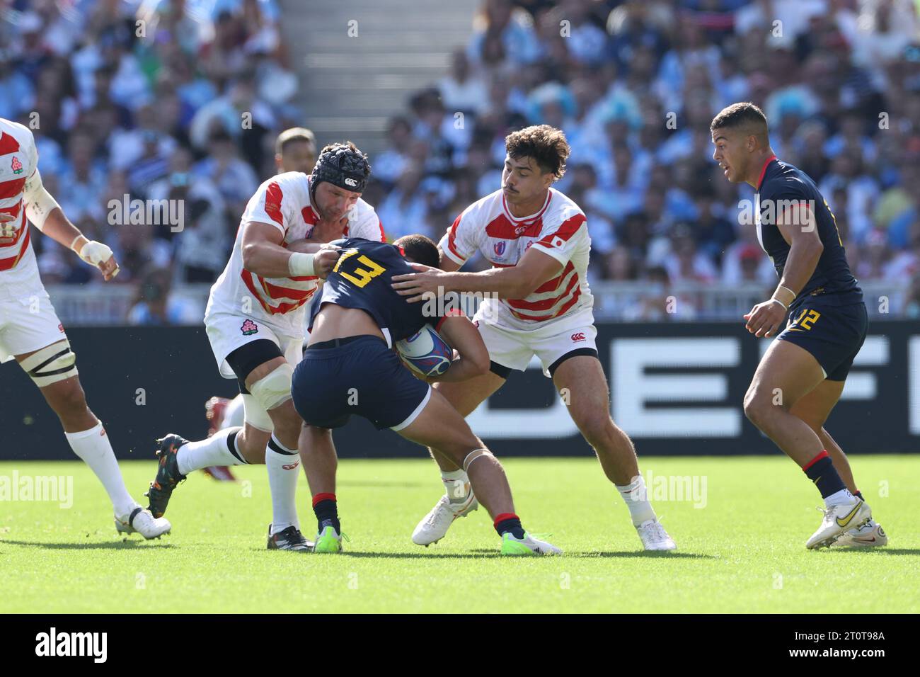 Japan's Pieter Labuschagne (L) and Dylan Riley during the 2023 Rugby ...
