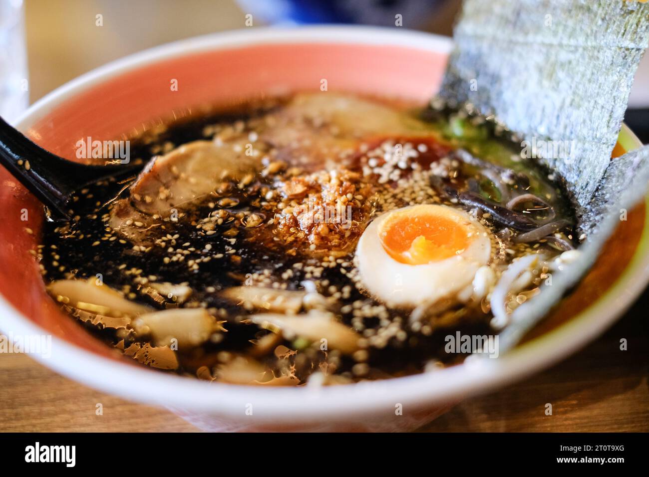 A bowl of tonkotsu ramen with black garlic oil, chargrilled chashu ...